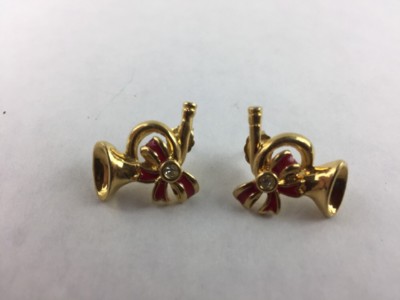 French / Post Horn Red Ribbon Gold tone Fashion Costume Earrings 1" x ...