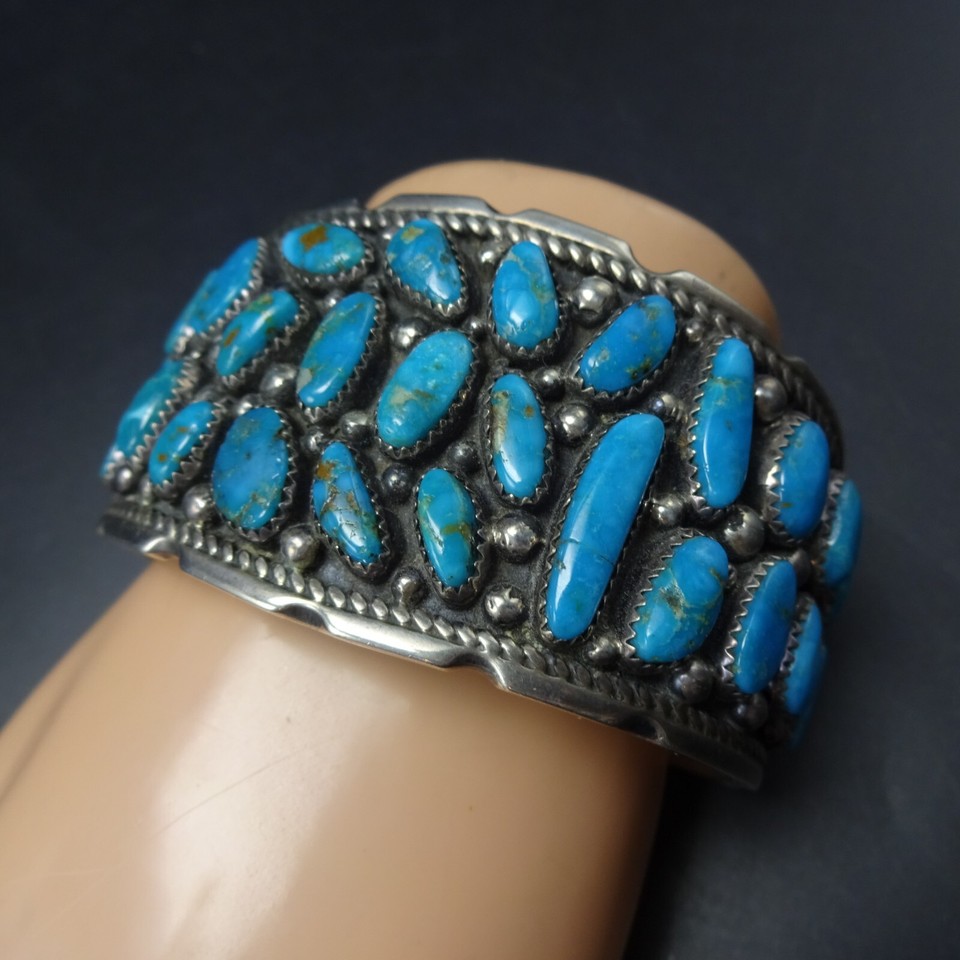 Delbert Gordon NAVAJO Sterling Silver DEEP BLUE TURQUOISE Cluster Cuff ...