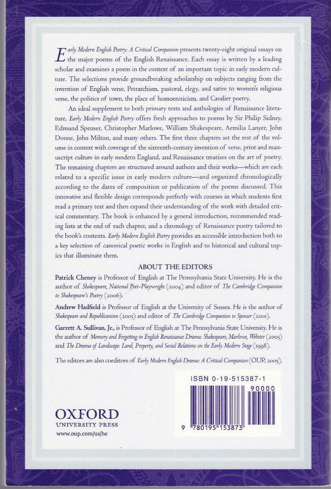 EARLY MODERN ENGLISH POETRY: A Critical Companion (2006 Trade Paperback ...