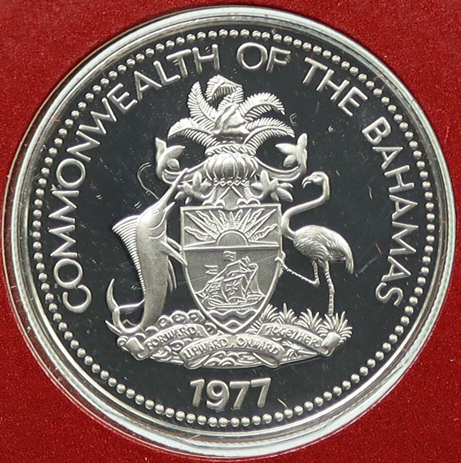 1977 BAHAMAS UK Queen Elizabeth II BOHEMIAN SAILBOAT Proof 25 Cents ...