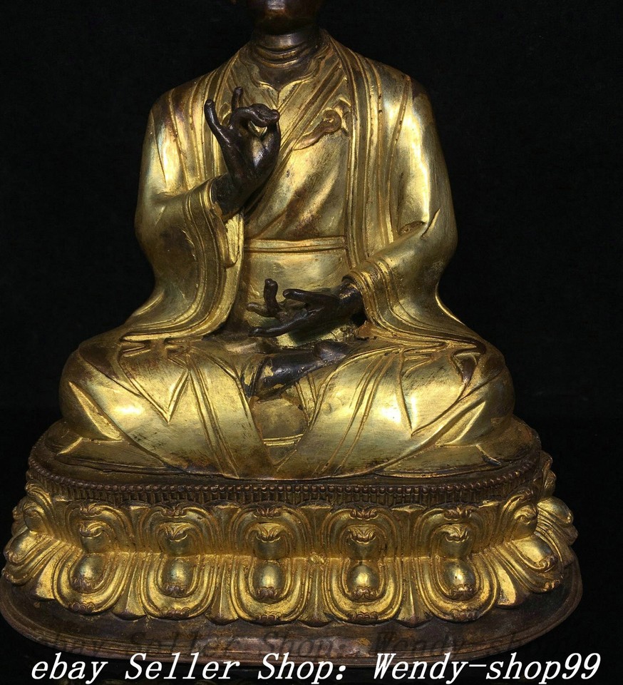 9" Old Tibet Buddhism Copper Gilt Lotus Je Tsongkhapa Lama Guru Buddha ...