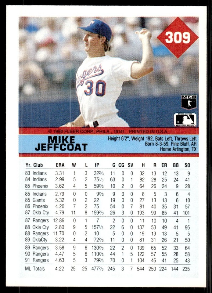 1992 Fleer Baseball Card Mike Jeffcoat Texas Rangers #309 | eBay