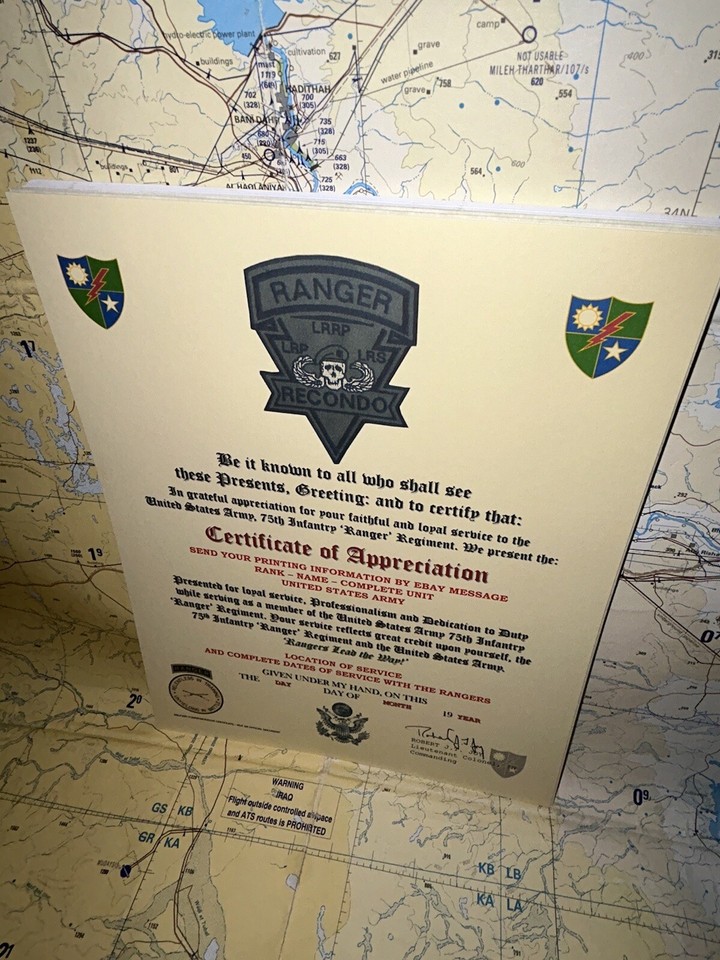 U.S. ARMY 75 RANGERS - LRRP RANGER RECONDO LRP-LRS / CERTIFICATE OF ...