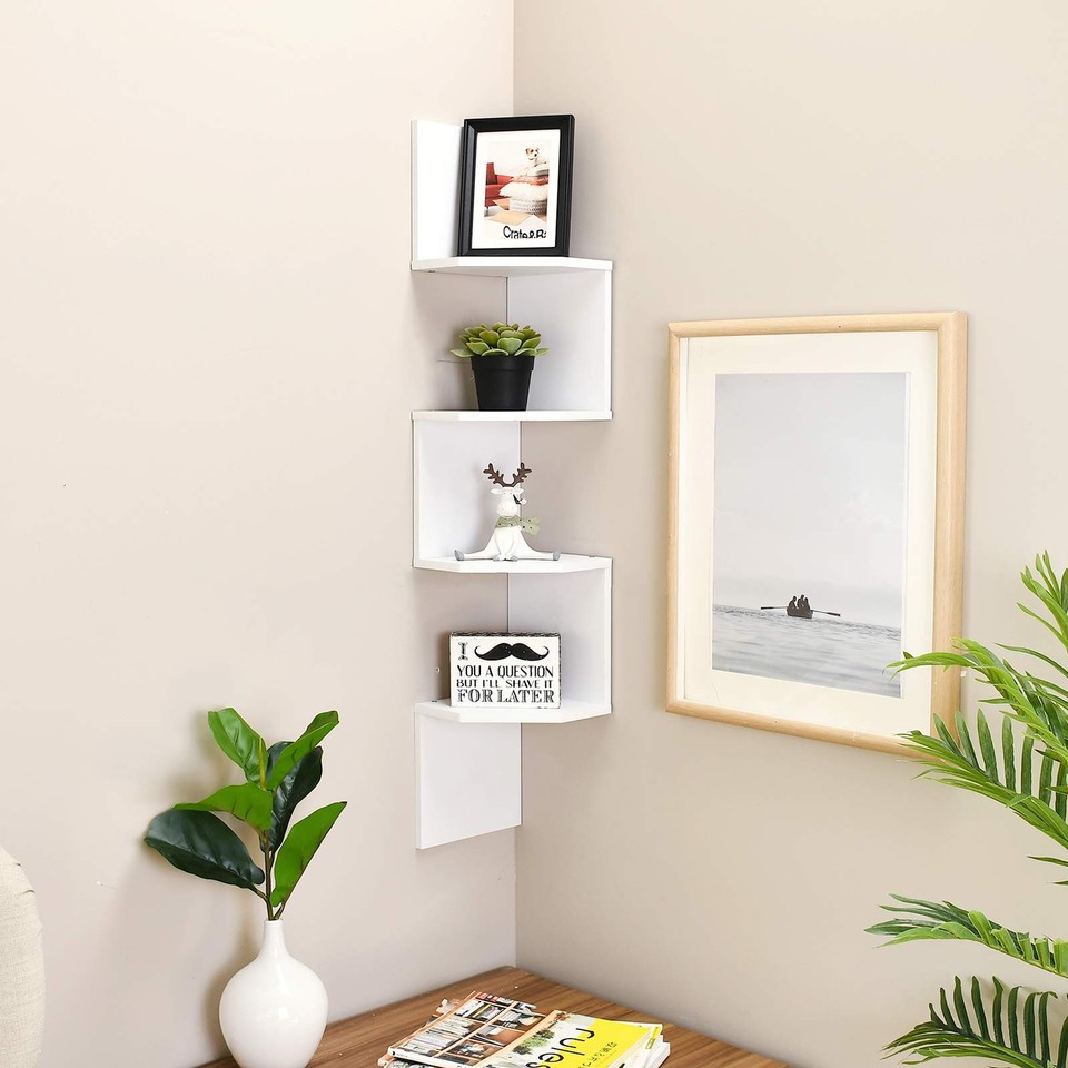 Zig - Zag Floating Corner Shelves, 4-Tier Wall Mounted Storage Shelf with Whi... | eBay