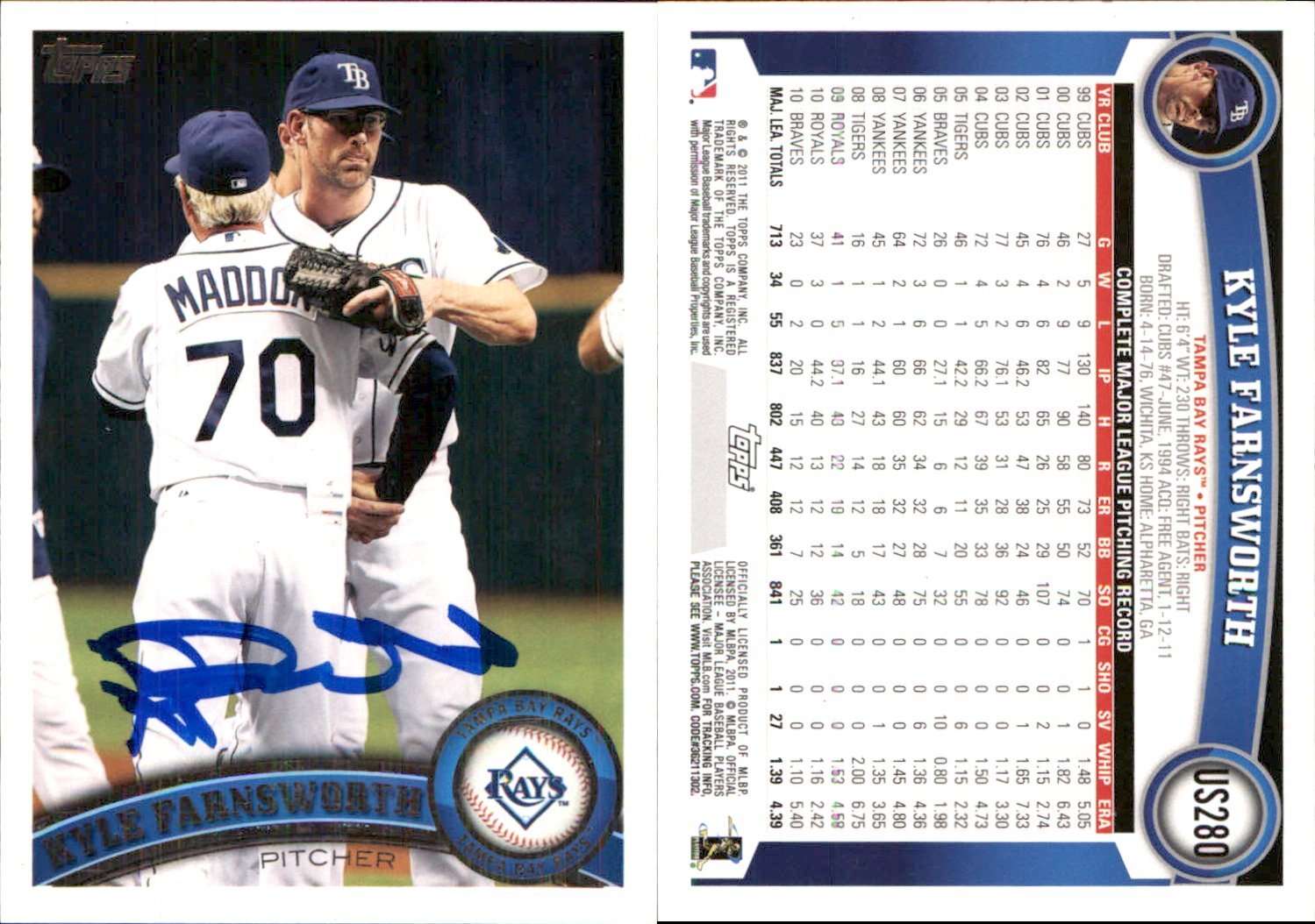 Kyle Farnsworth Signed 2011 Topps Update #US280 Card Tampa Bay Rays ...