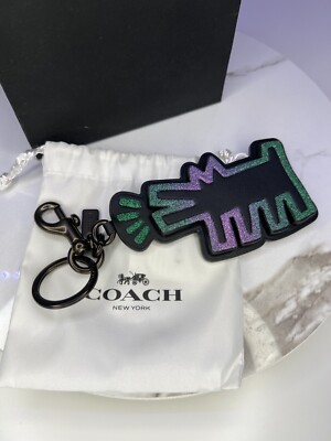 New Coach Keith Haring Barking Dog Black Leather Keychain Bag Keychain ...