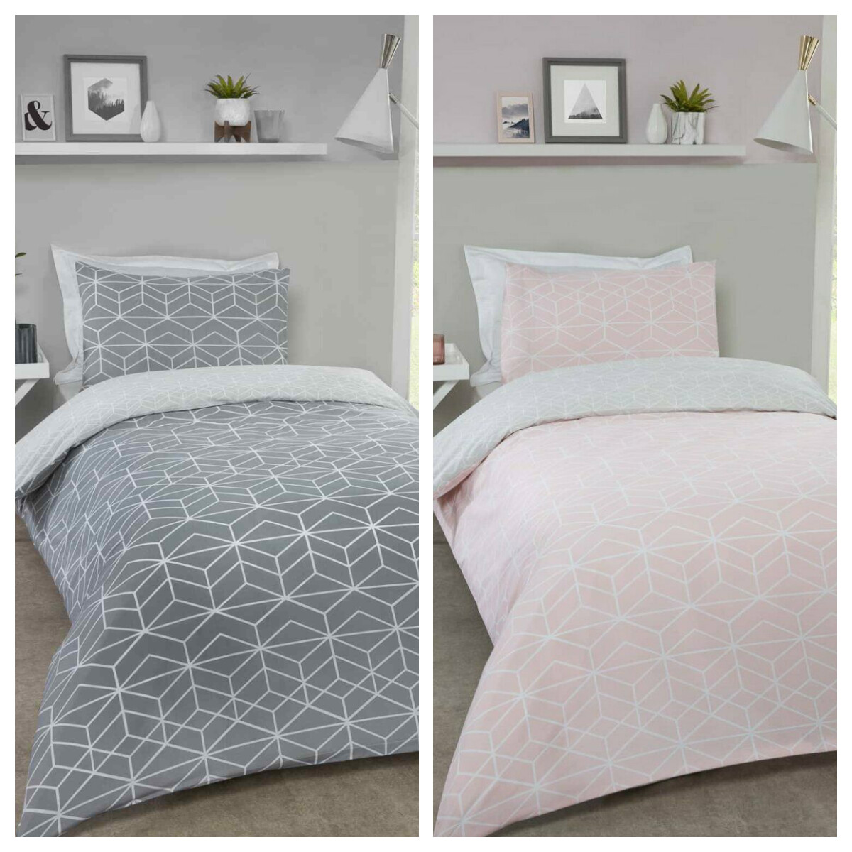 Geo Blush Pink Grey Duvet Cover Bedding Set Size King | eBay UK
