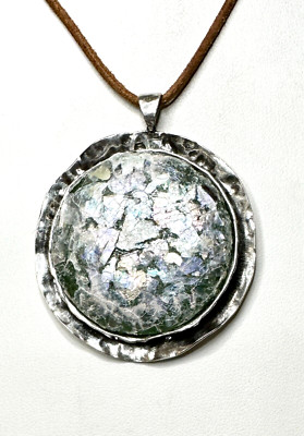 LIRM ISRAEL STERLING SILVER ROMAN GLASS LARGE PENDANT & LEATHER ...