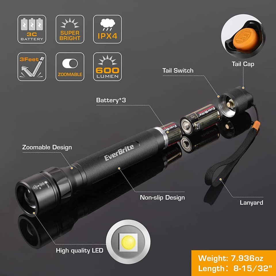 EverBrite Ultra Bright Tactical Flashlight 900 Lumen Zoomable ...
