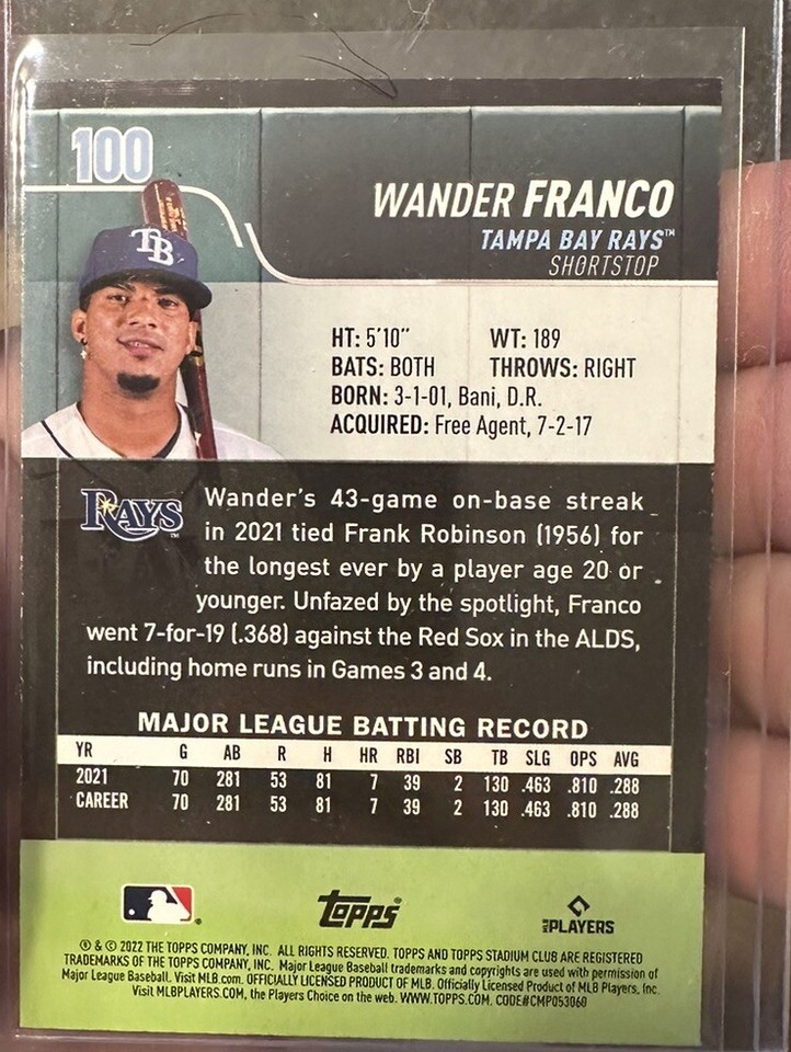 WANDER FRANCO RC 2022 Topps Stadium Club #100 Tampa Bay Rays Rookie | eBay