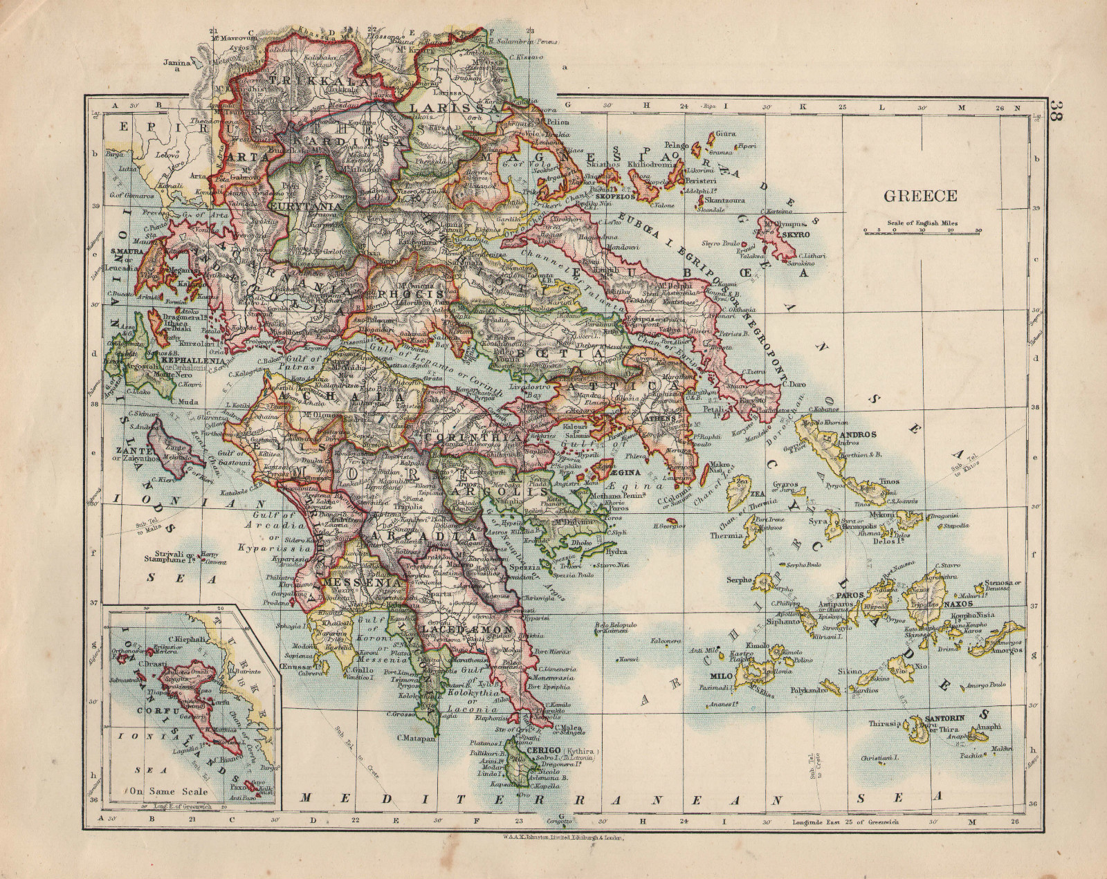 1909 Mapa ~ Europeo Rusia ~Grecia~ Morea Arcadia Cyclades ~ Inserto ...