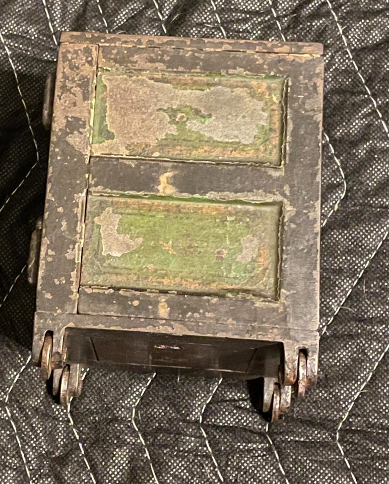 VINTAGE Cast Iron Coin Bank KEY Safe Bottom DOOR wheels rotate | eBay UK