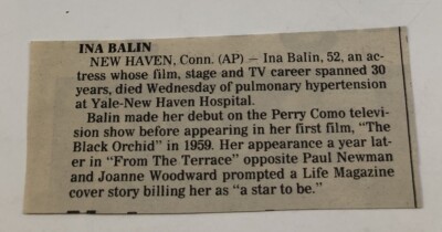 1990 Obituary INA BALIN - Newspaper Clipping | eBay