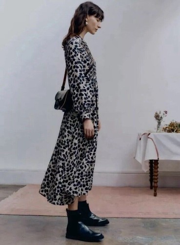 Toast Trailing Leaf Beige Navy Floral Tea Midi Pintuck Summer Dress ...