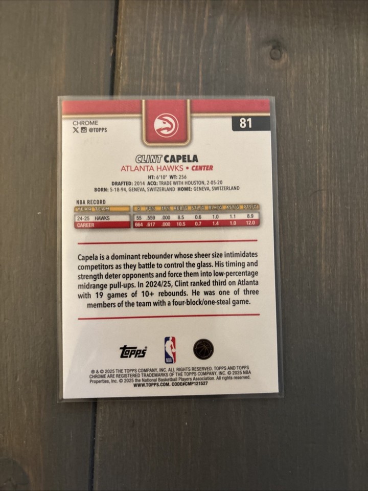 2025-26 Topps Chrome #81 Clint Capela Pink Refractor /399 Atlanta Hawks ...