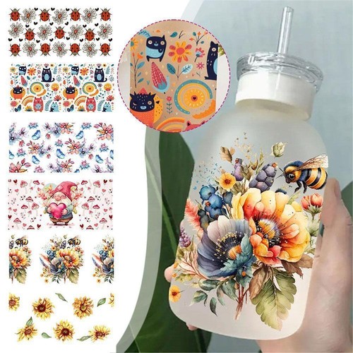 Vibrant Colors Glass Cups Sticker Flower Pattern Water Bottles Sticker ...
