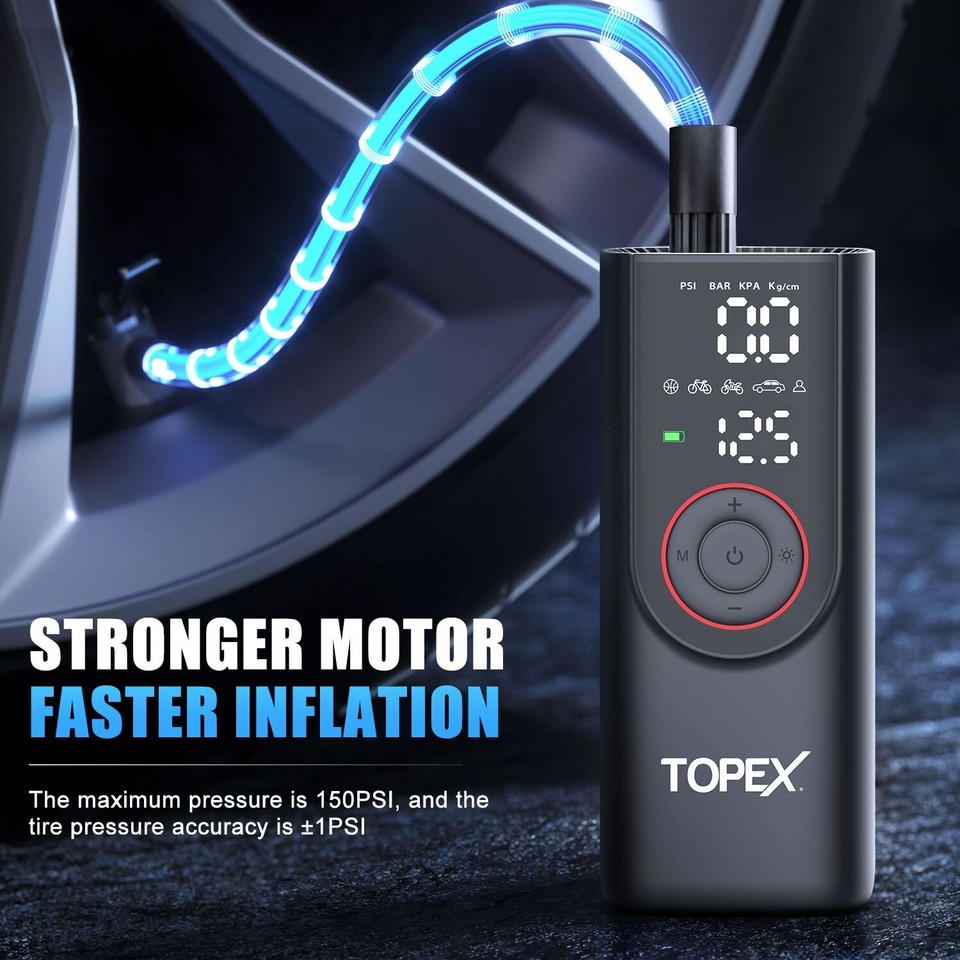 TOPEX 12V Cordless Car Tire Inflator, Dual Power Portable Air ...