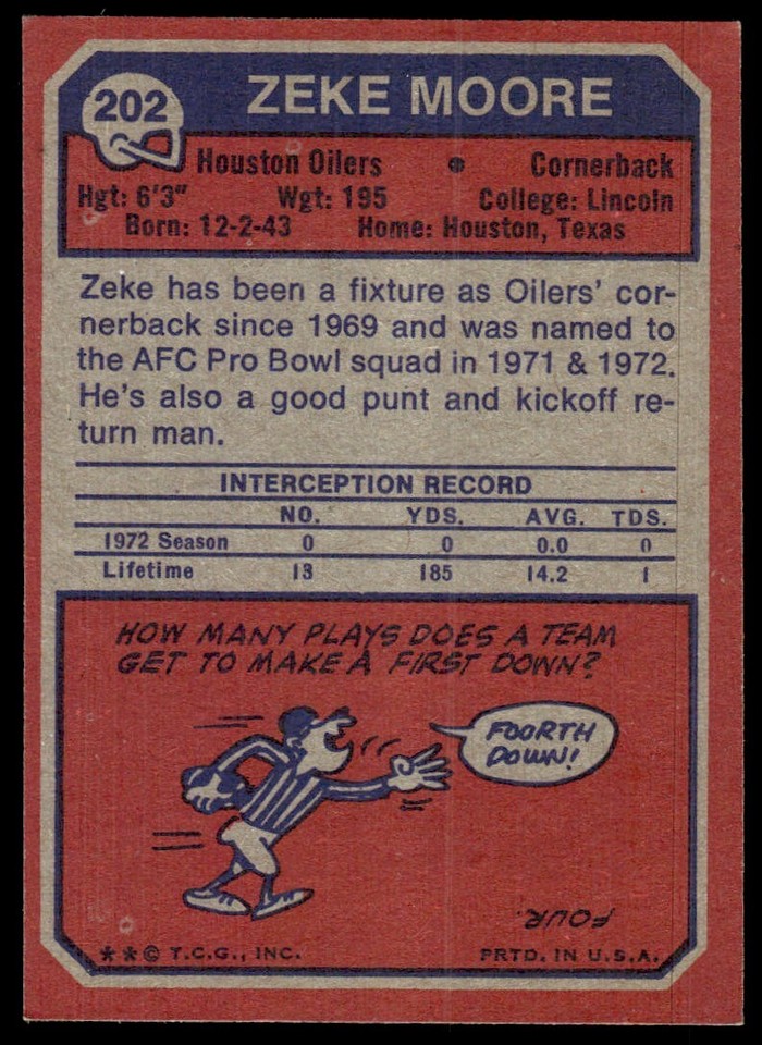 1973 TOPPS ZEKE MOORE HOUSTON OILERS #202 | eBay