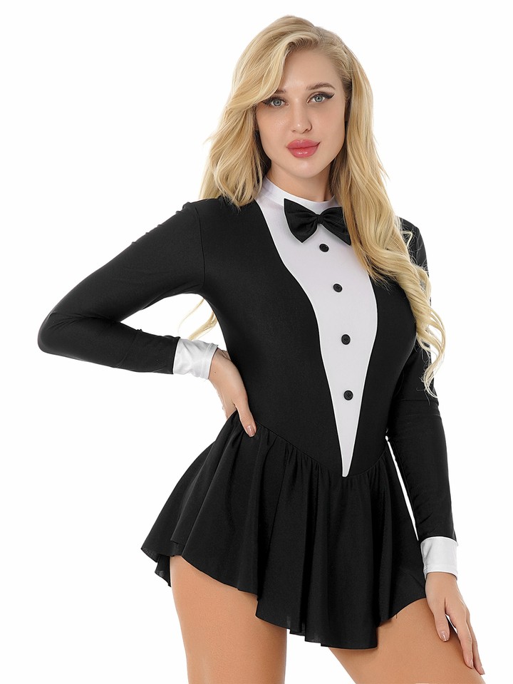 Women's Tuxedo Waitress Cosplay Costume Bowknot Button Latin Ballet ...