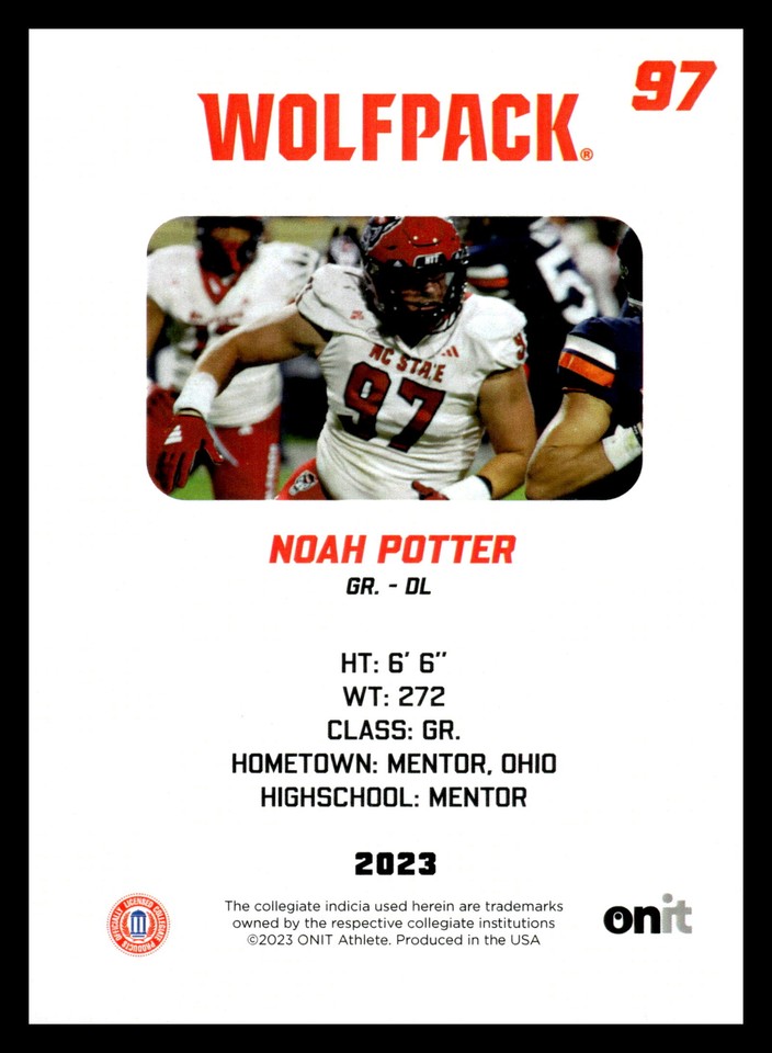 2023 ONIT Athlete NC State Wolfpack #97 Noah Potter Football Card | eBay