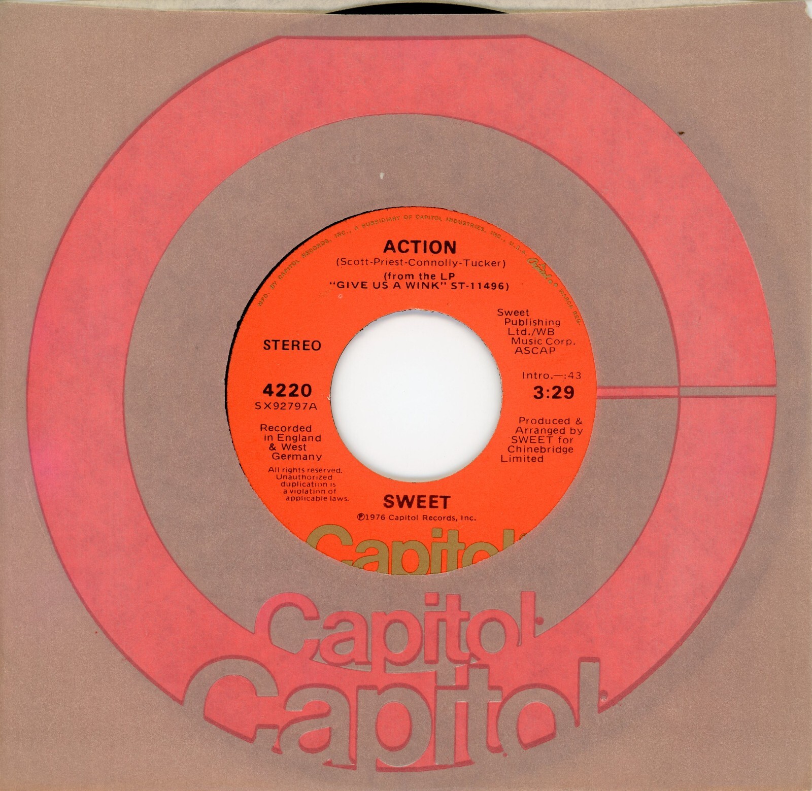 SWEET Action / Medussa 1976 CAPITOL Records 45rpm Rock NOS | eBay
