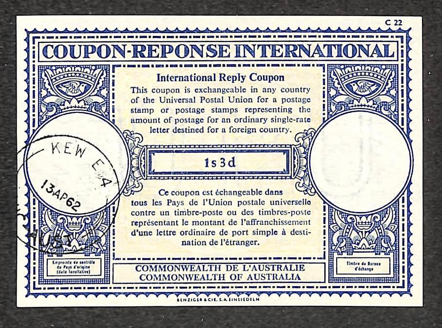 IRC INTERNATIONAL REPLY COUPON AUSTRALIA 1s 3d TYPE B7 1962 | eBay