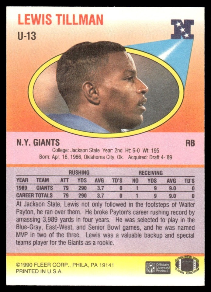 1990 FLEER UPDATE LEWIS TILLMAN F NEW YORK GIANTS #U-13 | eBay