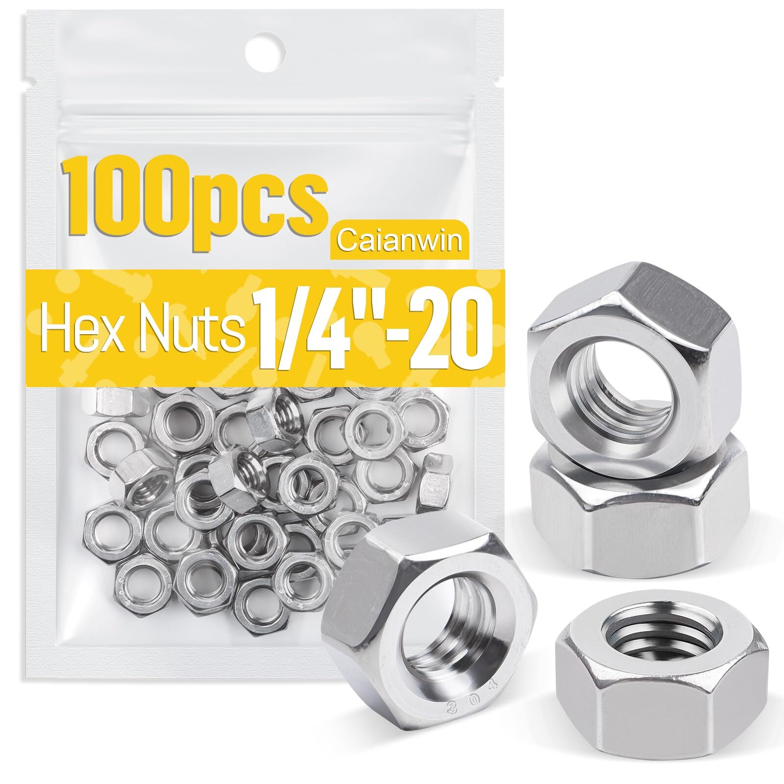 100Pcs 1/4"-20 Stainless Hex Nuts 304 Stainless Steel Nuts for ...