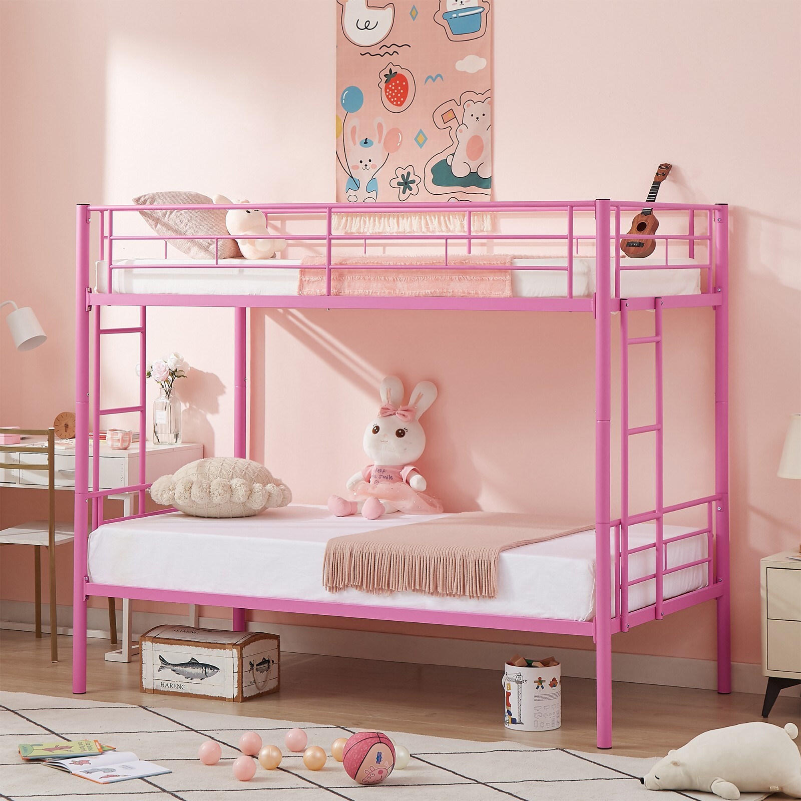Bunk Bed Frame Metal Twin Over Twin Beds Ladder Guardrail Kids ...