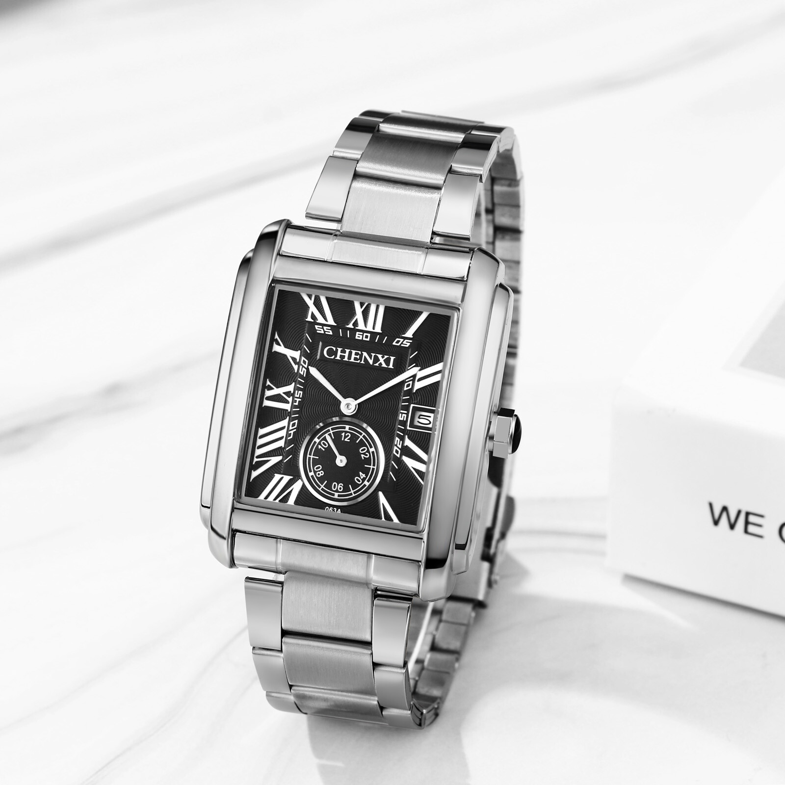 Mens Waterproof Rectangle Watch Roman Numerals Dial Quartz Date ...