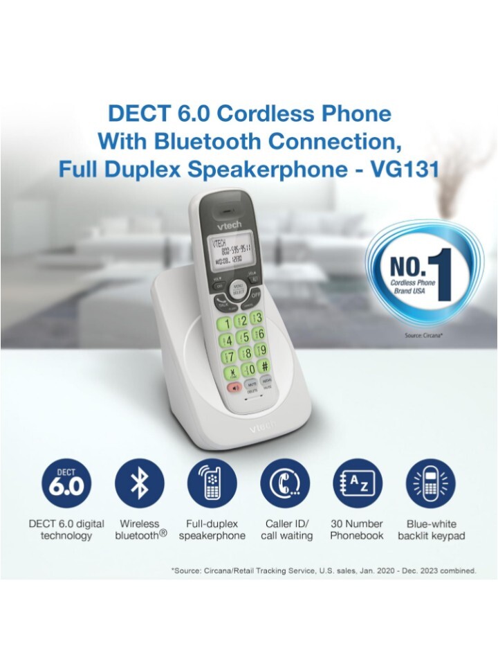 VTech VG131 DECT 6.0 Cordless Phone - Bluetooth Connection, Blue-White ...