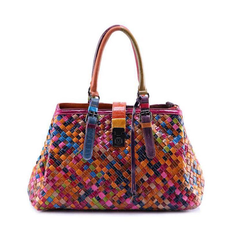 Womens Multi-color Leather Hand-woven Handbag Shoulder Messenger Bags ...