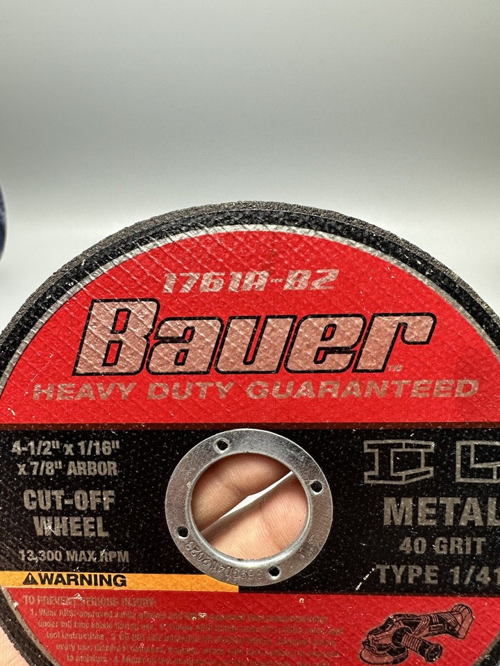 Bauer Cut Off Wheel 40 Grit Metal 4-1/2x 1/16x7/8 Arbor 13,300 RPM Type ...