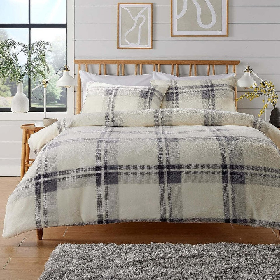 Teddy Fleece Tartan Check Duvet Cover Set Cozy Warm Teddy Bear Fleece ...