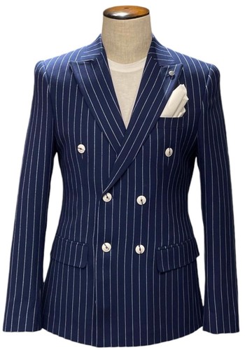 Designer Two Rows Of Buttons Pinstripe Double Row Jacket Blue Fitted ...