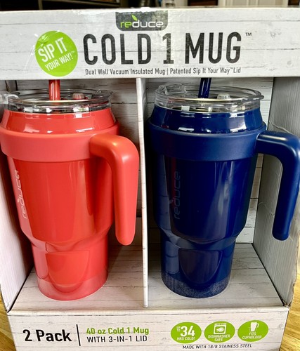 Reduce Cold 1 Mug 40oz Stainless Steel Tumblers (2) w/Handle 3-in-1 Lid ...