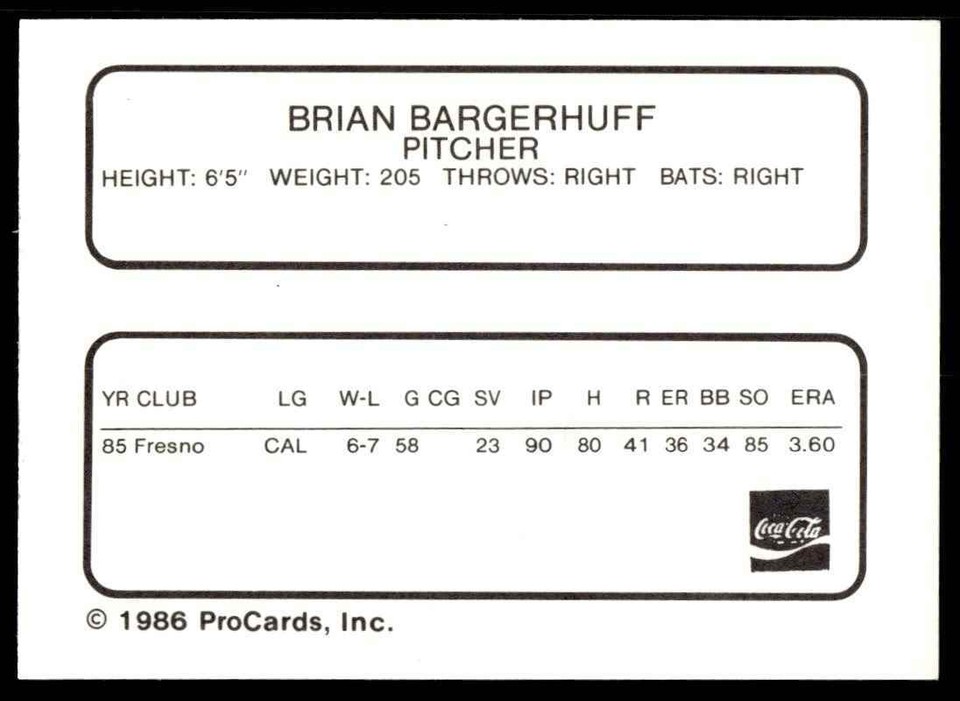 1986 ProCards Chattanooga Lookouts Brian Bargerhuff Chattanooga ...