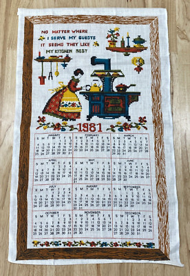 1981 Hanging Wall Tapestry Calendar 27" x 16.5" Kitchen Cooking Scene ...