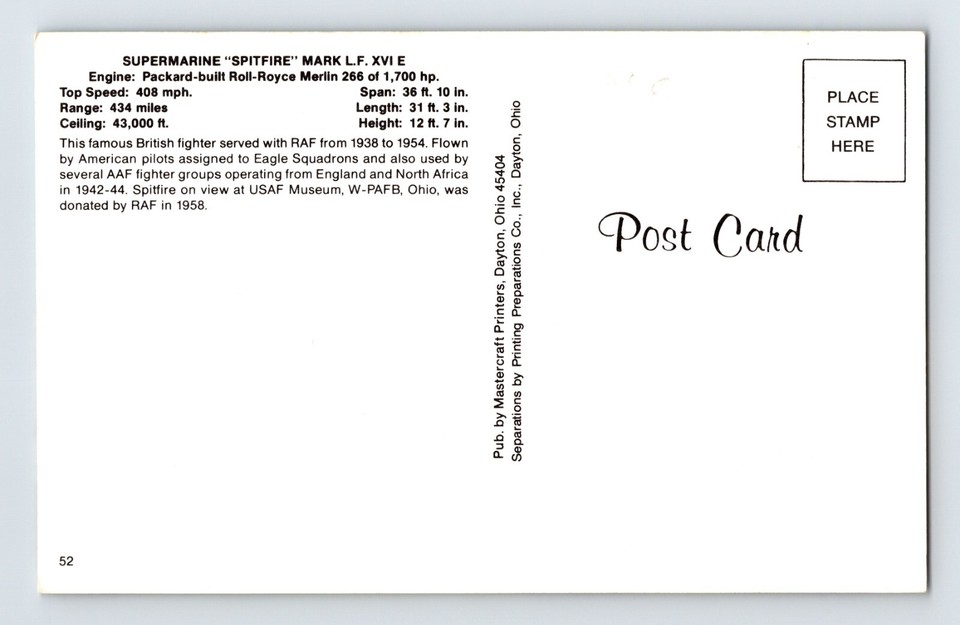 Postcard Supermarine Spitfire Airplane Mark L.F. XVI E Britain 1970s ...