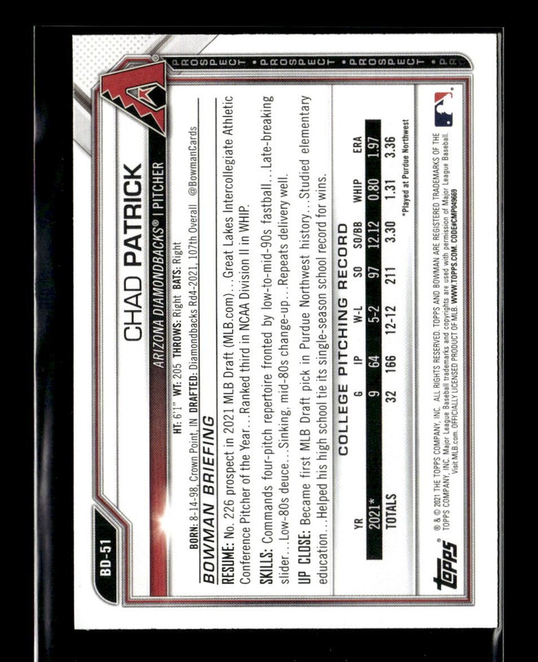 2021 Bowman Draft Paper Chad Patrick Arizona Diamondbacks 1st #BD-51 5 ...