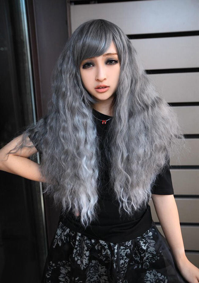 Hot Sell Long Gray Grey Curly Wavy Women's Lady Party Cosplay Hair Wig ...