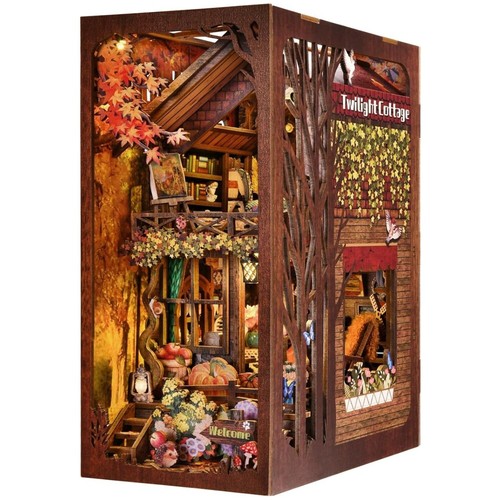 Book Nook Kit with Wood Puzzle Bookend and LED Lights for Bookshelf ...