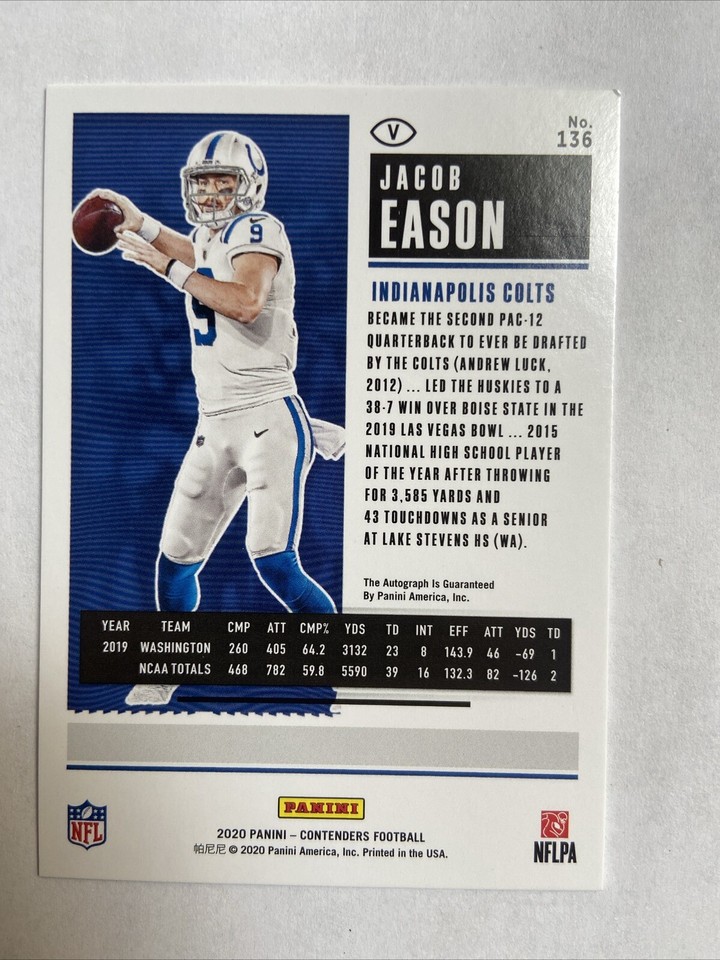 2020 Panini Contenders #136 Jacob Eason Variation On Card Auto Rookie ...
