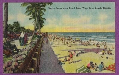 PALM BEACH FLORIDA VTG LINEN PC BEACH SCENE NEAR ROYAL PALM WAY | eBay