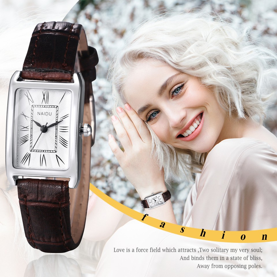 Women's Classic Rectangular Leather Strap Quartz Wrist Watch Roman ...