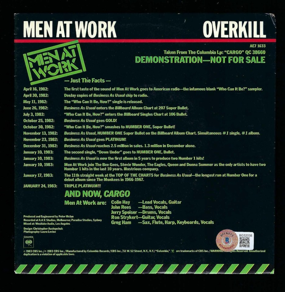 Colin Hay signed 45 RPM record BAS Authenticated Men At Work Overkill ...