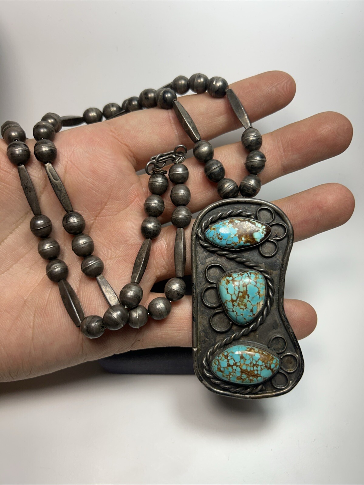 Old Navajo Sterling Silver Bench Bead & 3 Stone Turqu… - Gem