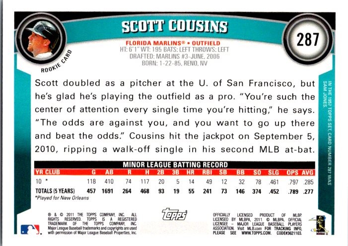 Scott Cousins 2011 Topps #287 Rookie Florida Marlins | eBay