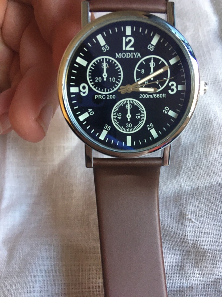 Three Eye Trendy Brown Leather Watches Quartz Men's Watch Blue Glass ...