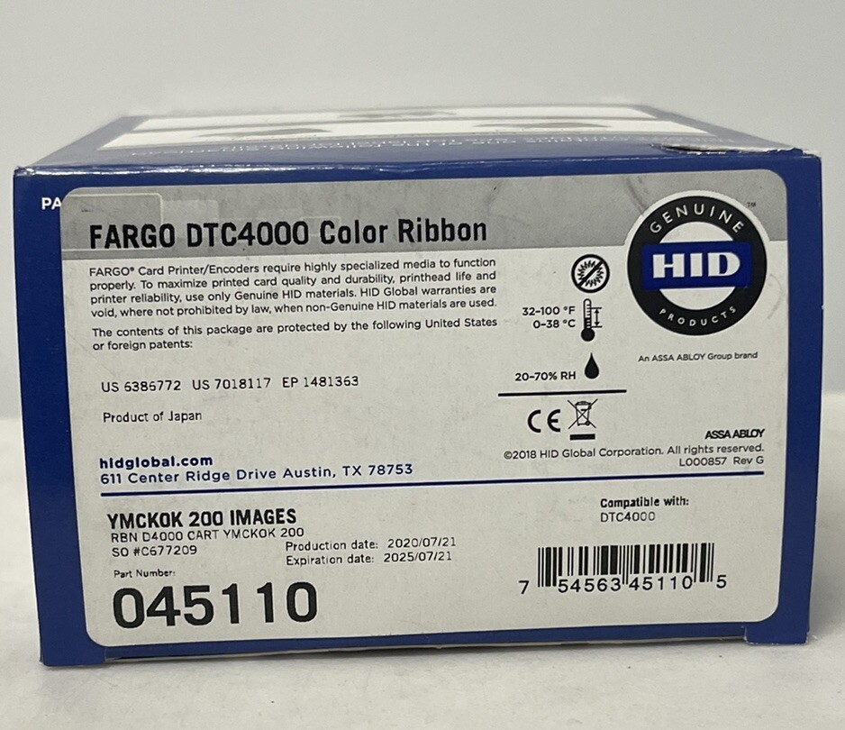 Genuine Fargo 45110 Color YMCKOK Ribbon Printer - DTC4000 & DTC4250e ...